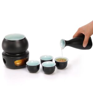 Foraineam Ceramic Sake Set with Warmer, Japanese Style Porcelain Hot Saki Drink Warmer Set, 7 Pieces Set Including 1 Stove, 1 Warming Bowl, 1 Sake Bottle, 4 Sake Cups