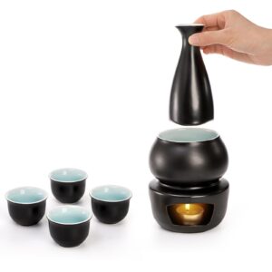 Foraineam Ceramic Sake Set with Warmer, Japanese Style Porcelain Hot Saki Drink Warmer Set, 7 Pieces Set Including 1 Stove, 1 Warming Bowl, 1 Sake Bottle, 4 Sake Cups