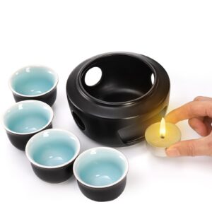 Foraineam Ceramic Sake Set with Warmer, Japanese Style Porcelain Hot Saki Drink Warmer Set, 7 Pieces Set Including 1 Stove, 1 Warming Bowl, 1 Sake Bottle, 4 Sake Cups