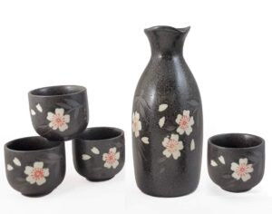 happy sales hsss-wpb20, black porcelain sake set pink blossom design