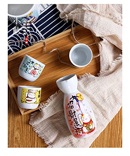 Japanese Maneki Neko Ceramic Sake Set ~ 5 Piece Sake Set (Included 1 TOKKURI Bottle 200ml and 4 OCHOKO Cups) with Cute Japanese Lucky Fortune Cat Pattern