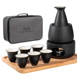 bgbg ceramic sake set with warmer pot bamboo tray-traditional japanese pottery hot saki set 11-piece including 1 sake pot,6 sake cups，1 warming mug，1 candle stove, 1 candle tea light holder and 1 tray