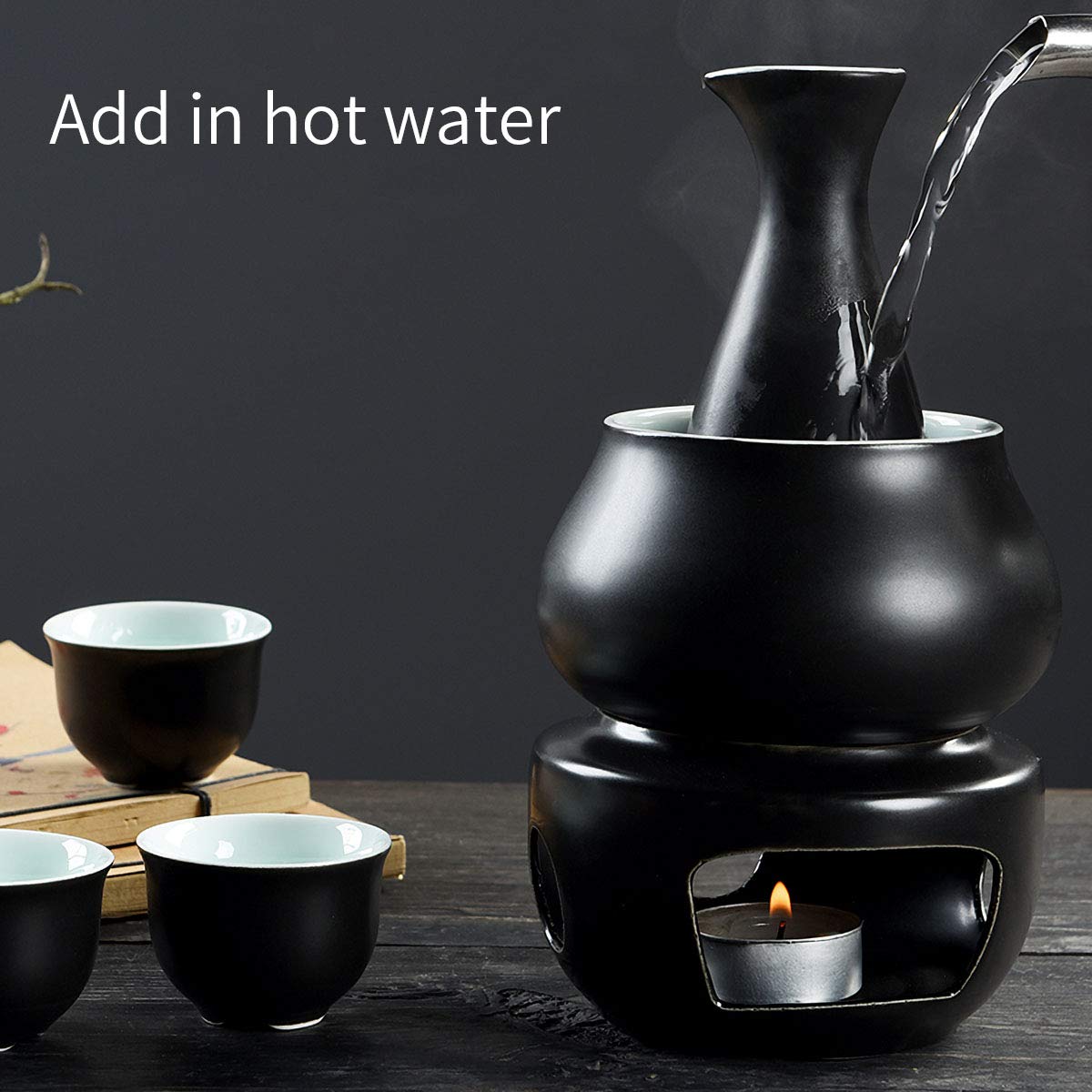 Dltsli Ceramic Sake Set + Bamboo Tray Warmer Pot, Porcelain Stovetop Hot Saki Drink Bottle, 10pcs Set 1 Stove 1 Warming Bowl 1 Sake Bottle 1 Tray 6 Cup Keep Sake Storage Gift Box (Black)