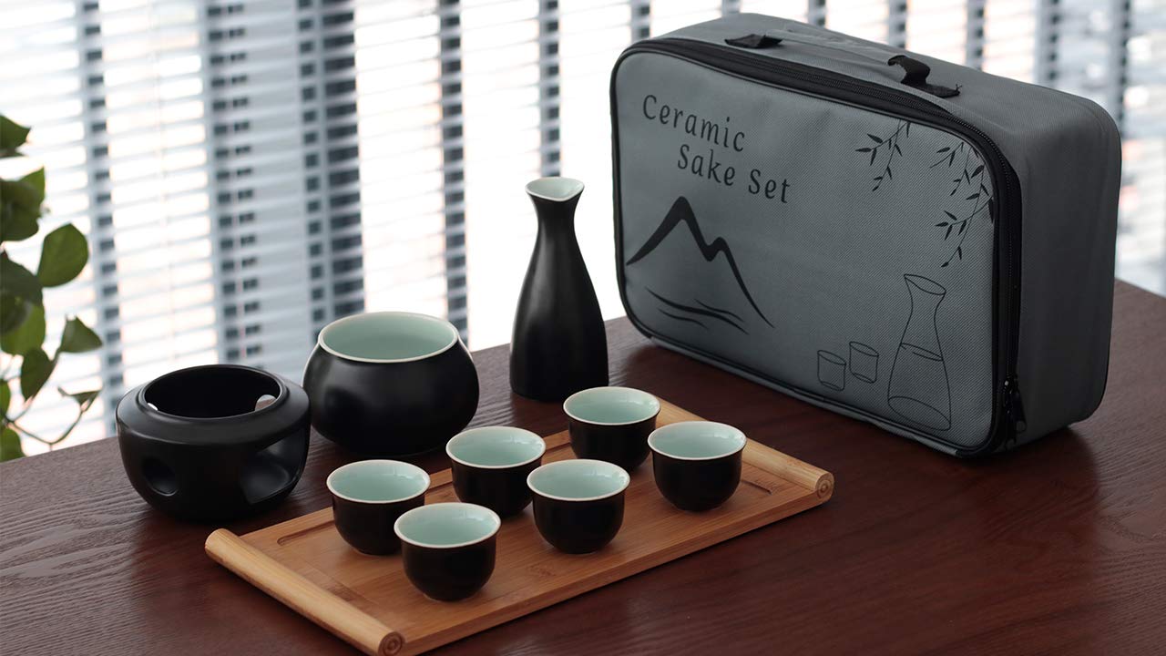 Dltsli Ceramic Sake Set + Bamboo Tray Warmer Pot, Porcelain Stovetop Hot Saki Drink Bottle, 10pcs Set 1 Stove 1 Warming Bowl 1 Sake Bottle 1 Tray 6 Cup Keep Sake Storage Gift Box (Black)