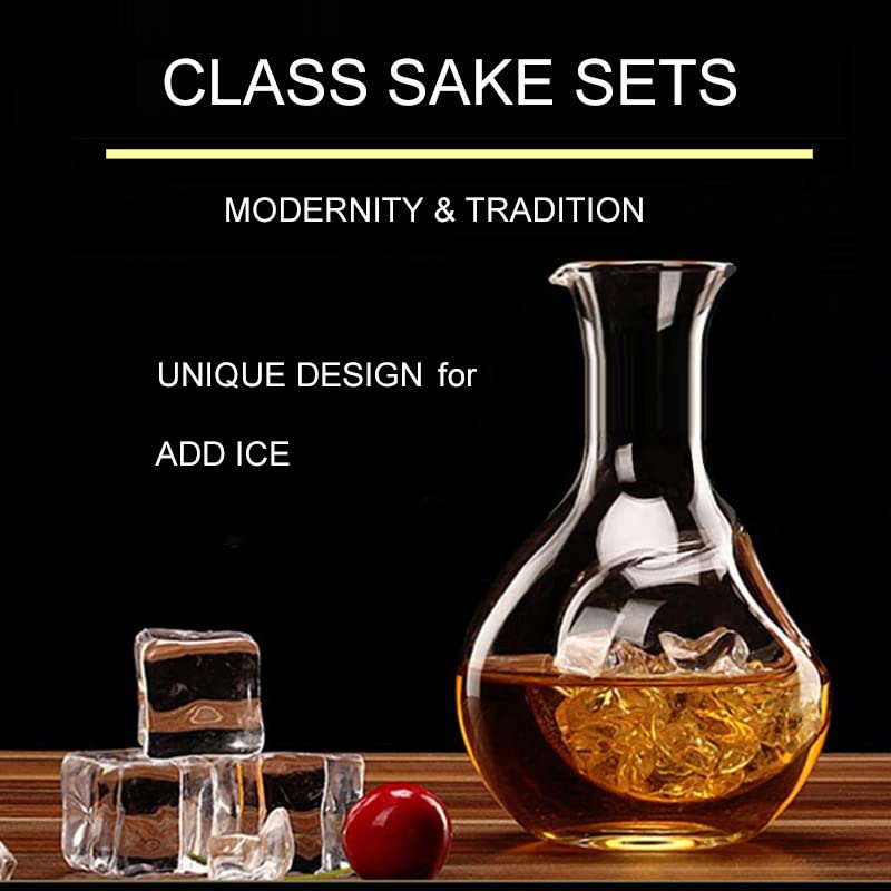 Japanese Sake Set Cold 4 Ochoko Cups (50ml) +1 Tokkuri Bottle (300ml) Lovely Hole for add ice Refrigeration Sake Pot Dispenser Double Walled Sake Cup Glass Decanter Carafe Gift for Sake Lover Party