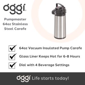 OGGI Pumpmaster 64oz Stainless Steel Carafe w/Lever Action Pump -Vacuum Container, Thermal Coffee Carafe, Insulated Coffee Carafe, Thermos Carafe, Hot Beverage Dispenser, 1.9 Liters