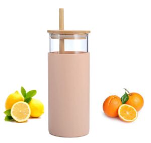 20 oz glass water bottle with bamboo lid glass tumbler with silicone protective sleeve cup (peach) glass water bottle coffee cup