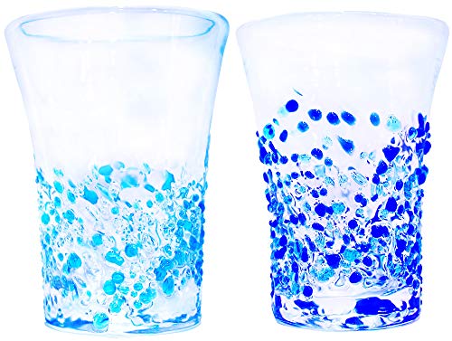 てぃだ工房 Tida Kobo Beer Glasses (Water/Clear, Blue/Water) φ2.8 inches (7 cm), Crushed, Pack of 2