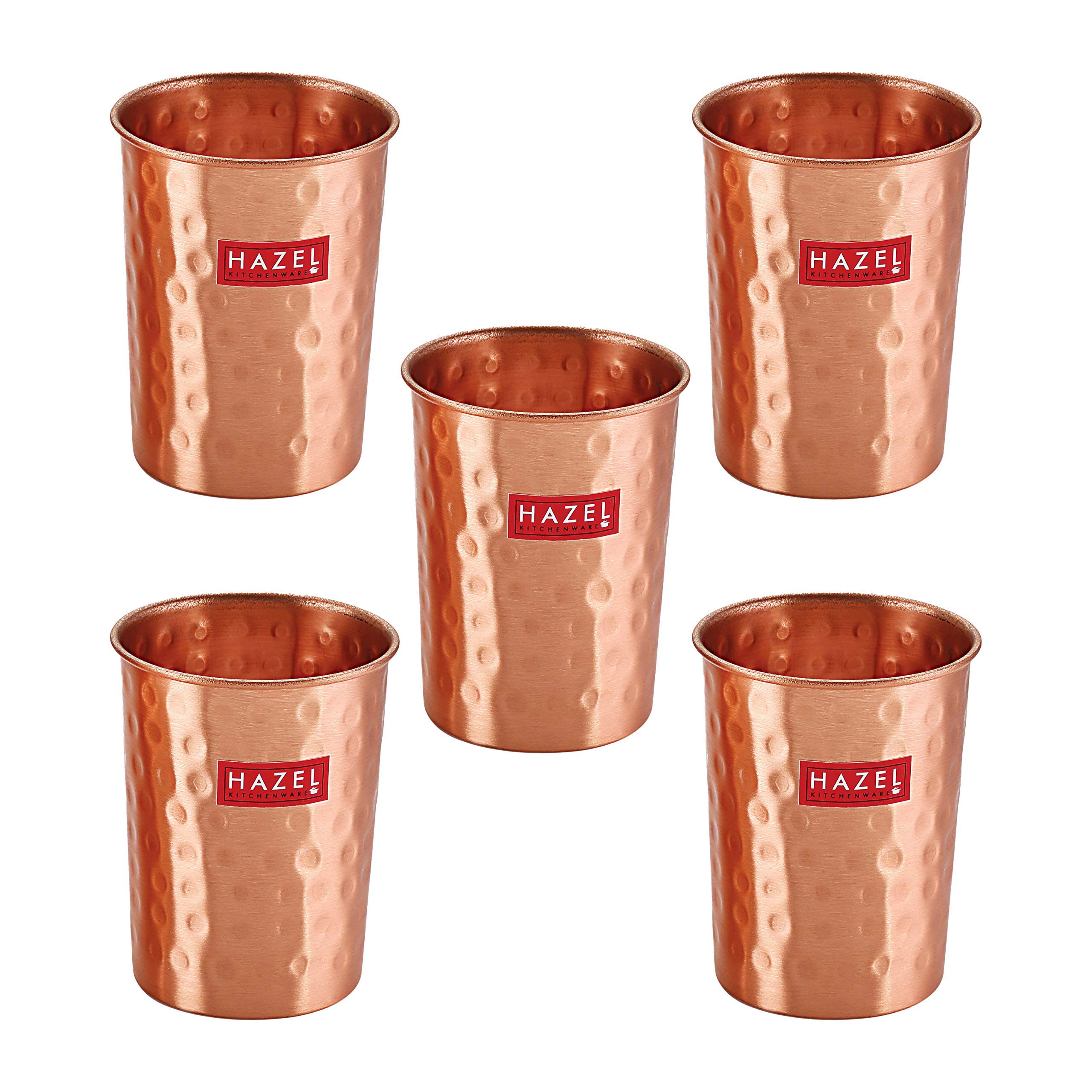 HAZEL Hammered Finish Copper Glasses Amrapali Tumbler Set of 5, 300 ML