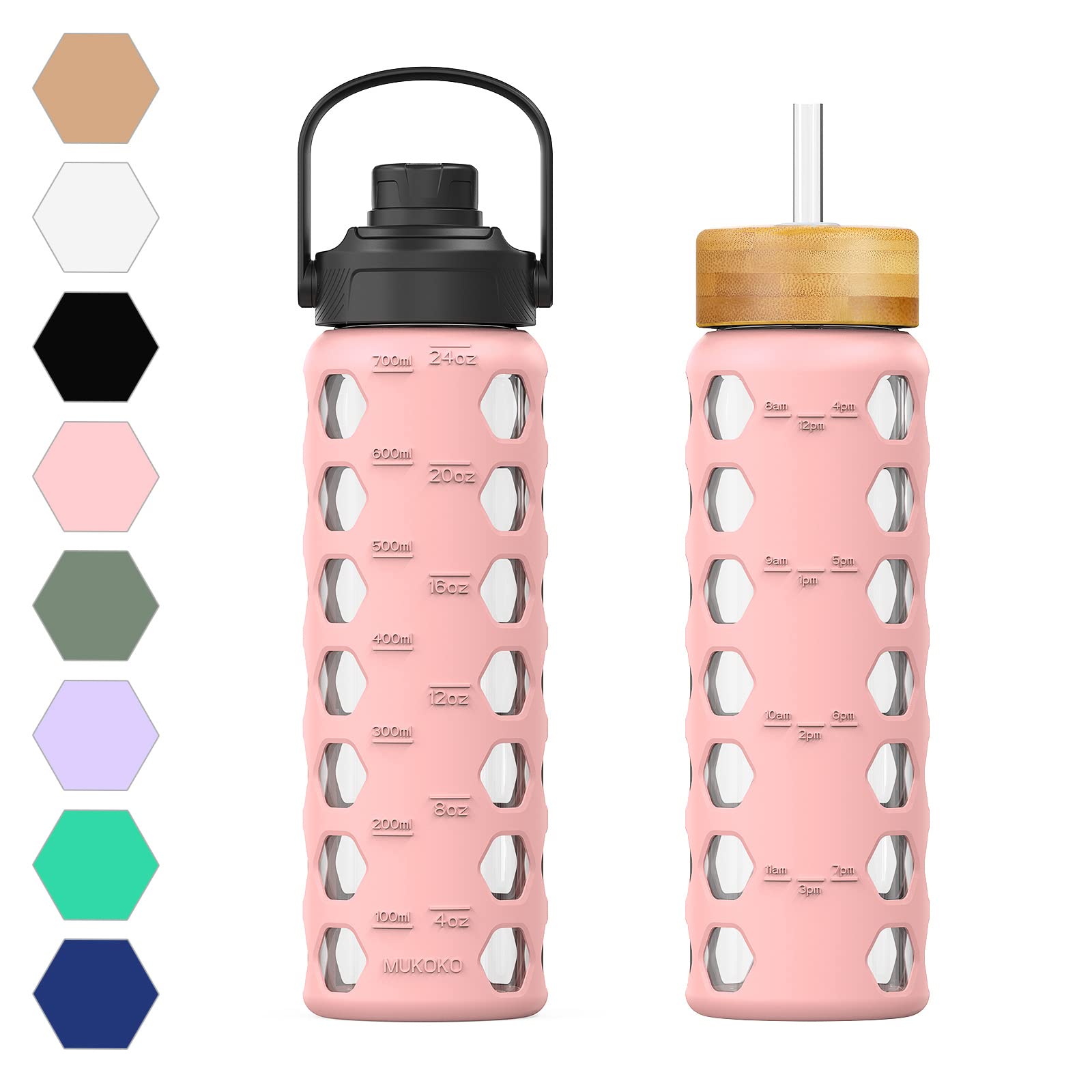 MUKOKO 32oz Glass Water Bottles with 2 Lids-Handle Spout Lid&Bamboo Straw Lid, Motivational Water Tumbler with Time Marker Reminder and Silicone Sleeve, Leakproof-Pink-1 Pack