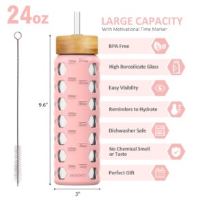 MUKOKO 32oz Glass Water Bottles with 2 Lids-Handle Spout Lid&Bamboo Straw Lid, Motivational Water Tumbler with Time Marker Reminder and Silicone Sleeve, Leakproof-Pink-1 Pack