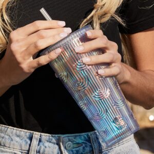 WEST & FIFTH Mermaid Scale Tumbler with Lid & Straw- Fashion, Trendy, Holographic & Iridescent Water Bottle- BPA Free Plastic Cold Cup- 24 Ounces (Peach, Holographic)