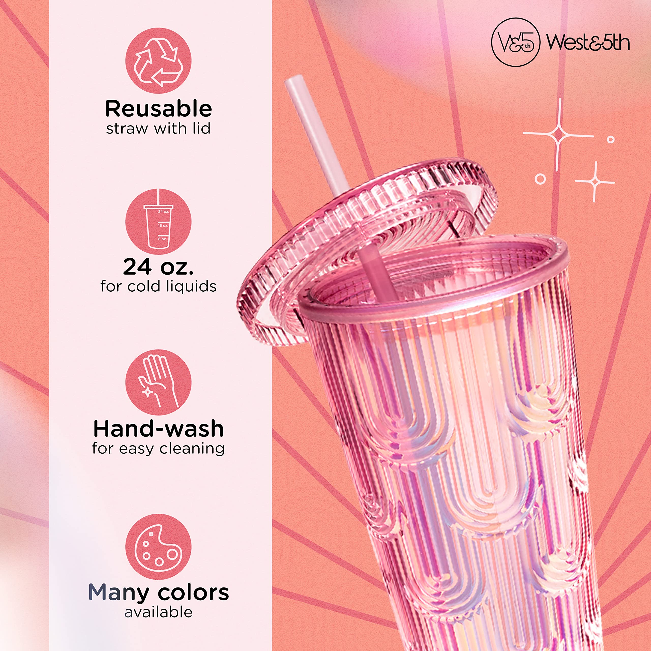 WEST & FIFTH Mermaid Scale Tumbler with Lid & Straw- Fashion, Trendy, Holographic & Iridescent Water Bottle- BPA Free Plastic Cold Cup- 24 Ounces (Peach, Holographic)