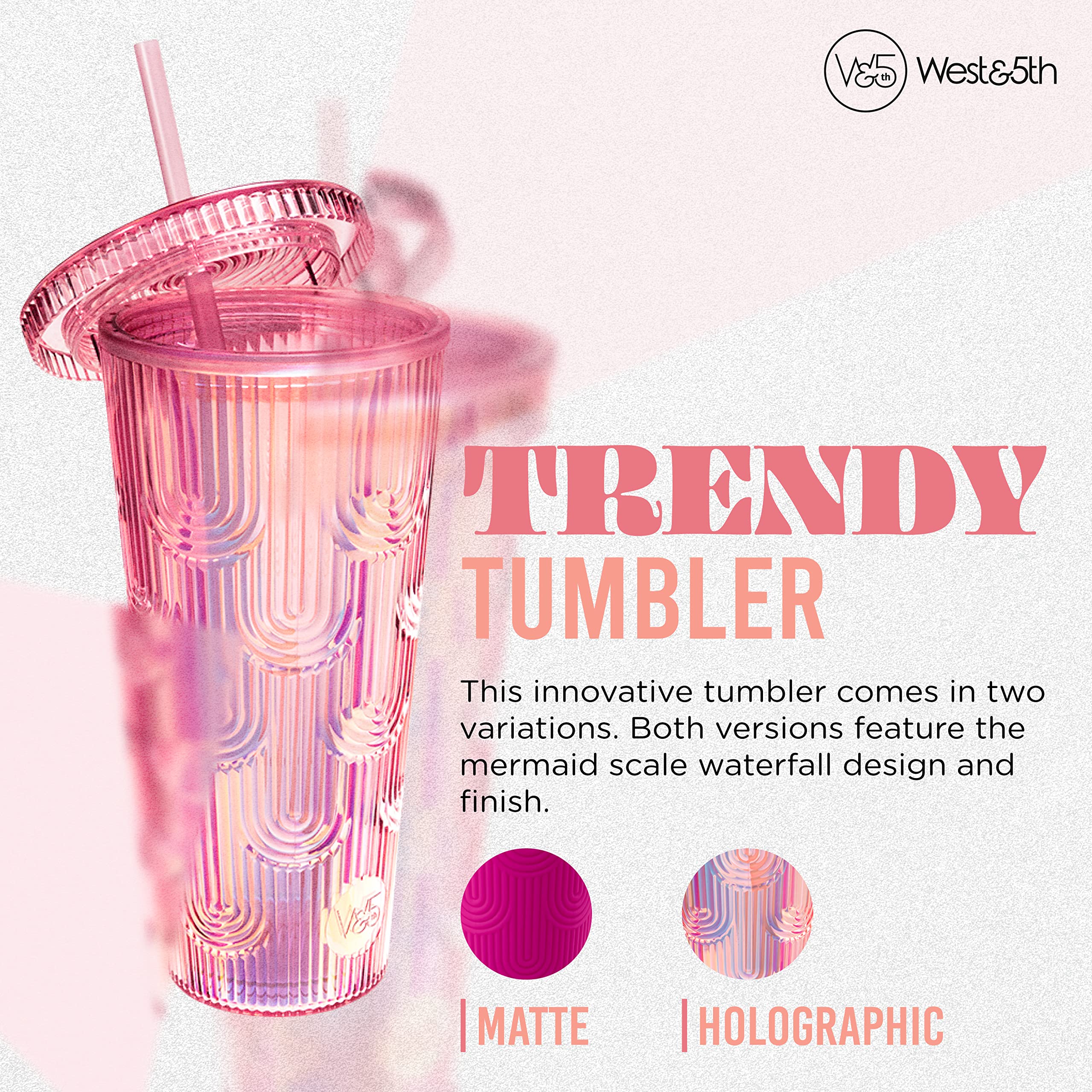 WEST & FIFTH Mermaid Scale Tumbler with Lid & Straw- Fashion, Trendy, Holographic & Iridescent Water Bottle- BPA Free Plastic Cold Cup- 24 Ounces (Peach, Holographic)