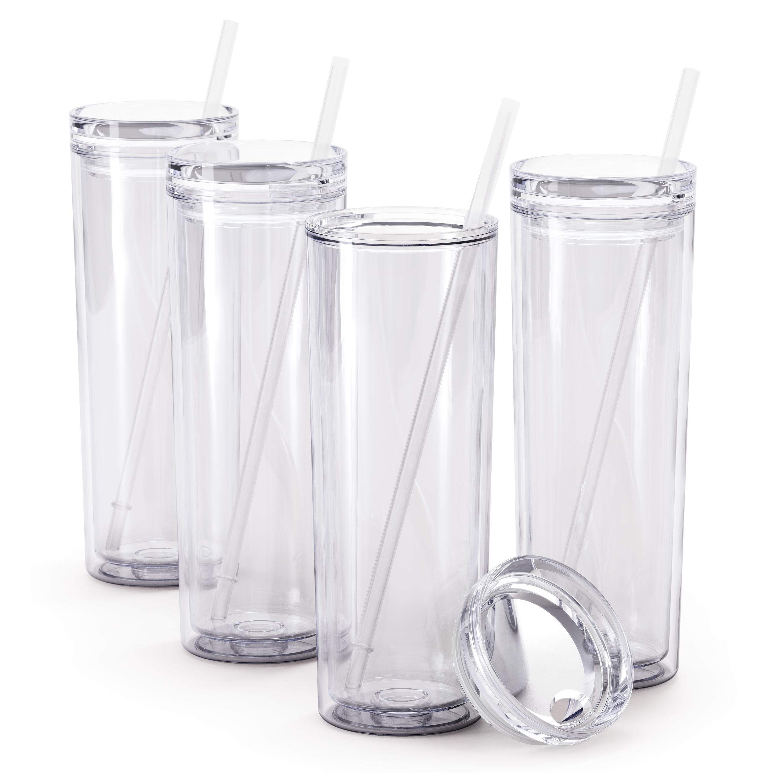 Maars Skinny Acrylic Tumbler with Lid and Straw | 18oz Premium Insulated Double Wall Plastic Reusable Cups - Clear, 4 Pack