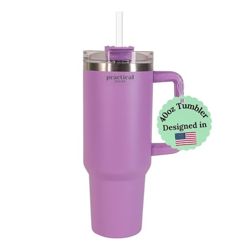 Practical Pours 40 oz Tumbler with Handle and Straw Lid | Reusable Stainless Steel Water Bottle Travel Mug Cupholder Friendly | Mother's Day Gifts for Women Men Him Her | Lavender Purple, 40oz