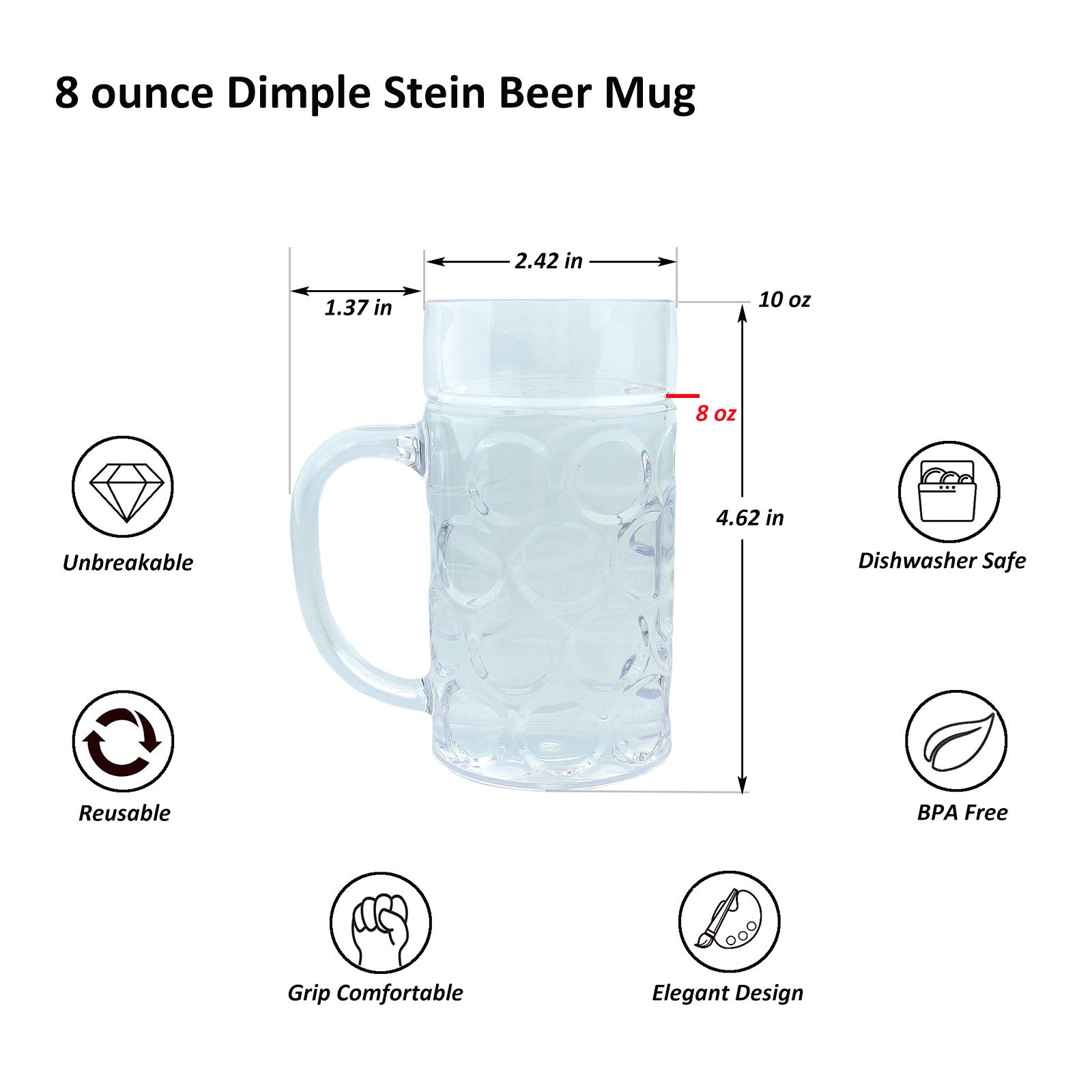 Beer Mug, Plastic Beer Mugs With Handles, 8 oz Dimpled Glass Beer Stein, Mini Oktoberfest Beer Mug, Reusable, Dishwasher-Safe (10 Pcs)