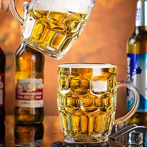 BothEarn 1 Pint Dimpled Beer Mug Set of 2 - Heavy British Pub Thick Glass with Handle - Stein Cup for Beer Lover in Home Party BBQ