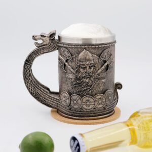 WOKHACH Medieval Viking Mug Beer Stein Tankard,Stainless Steel Drinking Tankard Mug Coffee Cup,Norse Mythology Poetic Gothic Decor Party Decoration Drinkware Gift for Men18OZ(Drakkar Warrior)