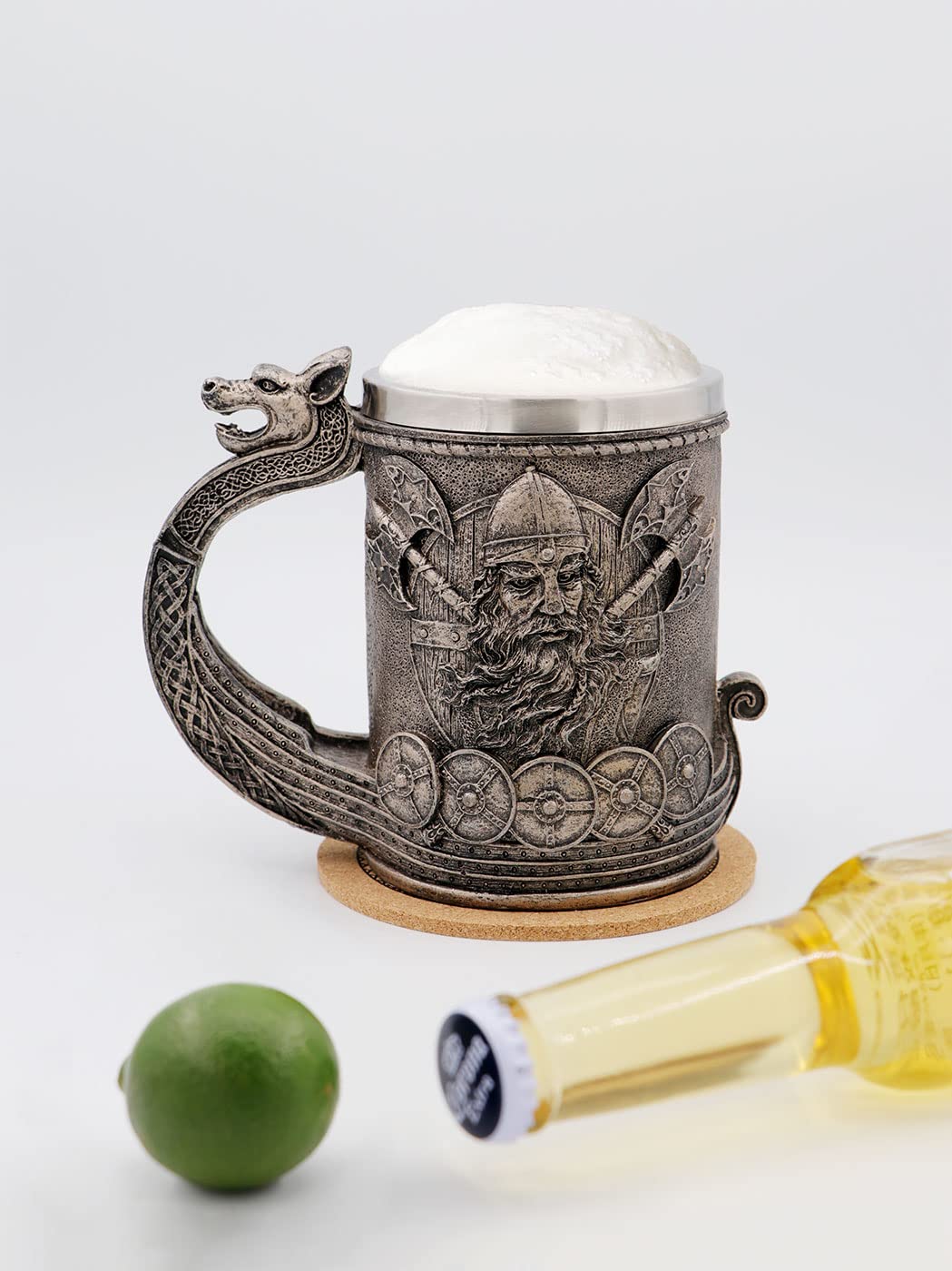 WOKHACH Medieval Viking Mug Beer Stein Tankard,Stainless Steel Drinking Tankard Mug Coffee Cup,Norse Mythology Poetic Gothic Decor Party Decoration Drinkware Gift for Men18OZ(Drakkar Warrior)