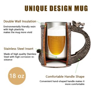 WOKHACH Medieval Viking Mug Beer Stein Tankard,Stainless Steel Drinking Tankard Mug Coffee Cup,Norse Mythology Poetic Gothic Decor Party Decoration Drinkware Gift for Men18OZ(Drakkar Warrior)