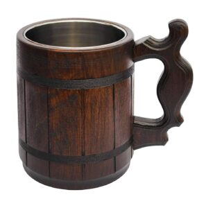 Etno Motif Handmade Wood Mug 20 oz Stainless Steel Cup Carved Natural Beer Stein Old-Fashioned Brown - Wood Carving Beer Mug of Wood Wooden Beer Tankard Capacity: 20oz (600ml) - Great Gift Idea