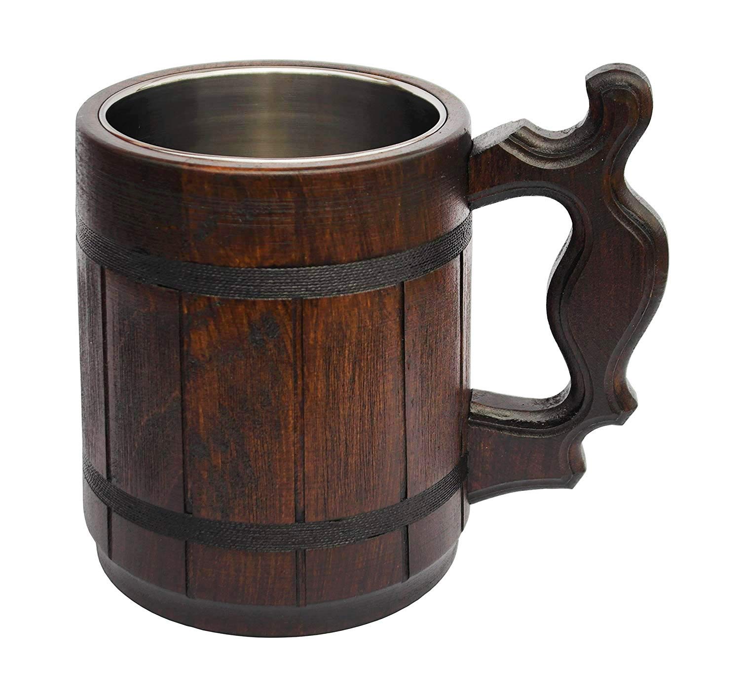 Etno Motif Handmade Wood Mug 20 oz Stainless Steel Cup Carved Natural Beer Stein Old-Fashioned Brown - Wood Carving Beer Mug of Wood Wooden Beer Tankard Capacity: 20oz (600ml) - Great Gift Idea