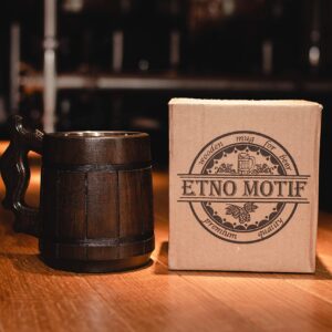 Etno Motif Handmade Wood Mug 20 oz Stainless Steel Cup Carved Natural Beer Stein Old-Fashioned Brown - Wood Carving Beer Mug of Wood Wooden Beer Tankard Capacity: 20oz (600ml) - Great Gift Idea