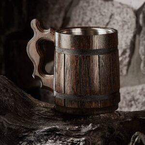 Etno Motif Handmade Wood Mug 20 oz Stainless Steel Cup Carved Natural Beer Stein Old-Fashioned Brown - Wood Carving Beer Mug of Wood Wooden Beer Tankard Capacity: 20oz (600ml) - Great Gift Idea