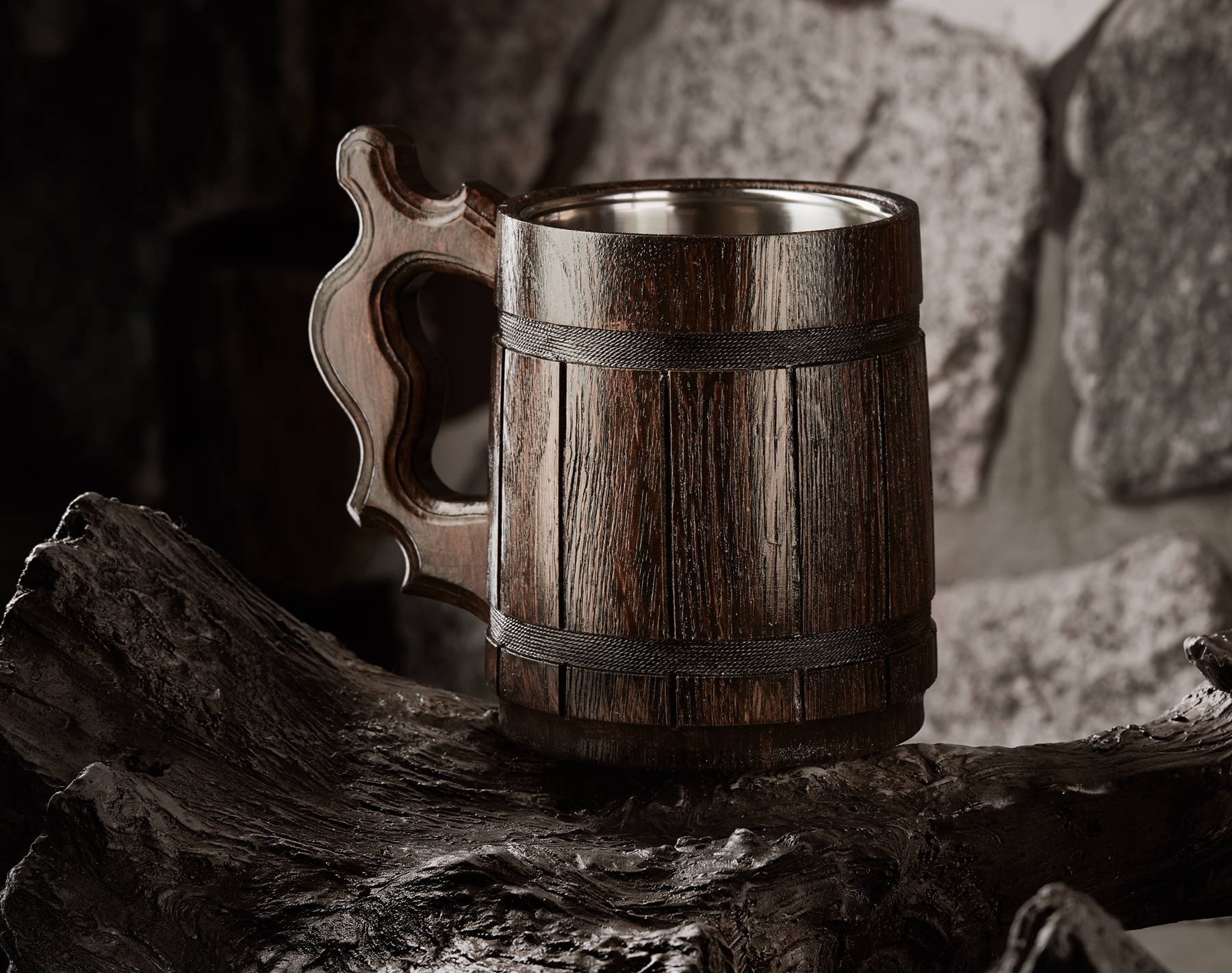 Etno Motif Handmade Wood Mug 20 oz Stainless Steel Cup Carved Natural Beer Stein Old-Fashioned Brown - Wood Carving Beer Mug of Wood Wooden Beer Tankard Capacity: 20oz (600ml) - Great Gift Idea