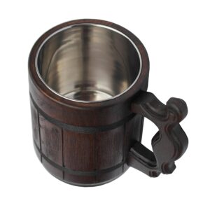 Etno Motif Handmade Wood Mug 20 oz Stainless Steel Cup Carved Natural Beer Stein Old-Fashioned Brown - Wood Carving Beer Mug of Wood Wooden Beer Tankard Capacity: 20oz (600ml) - Great Gift Idea