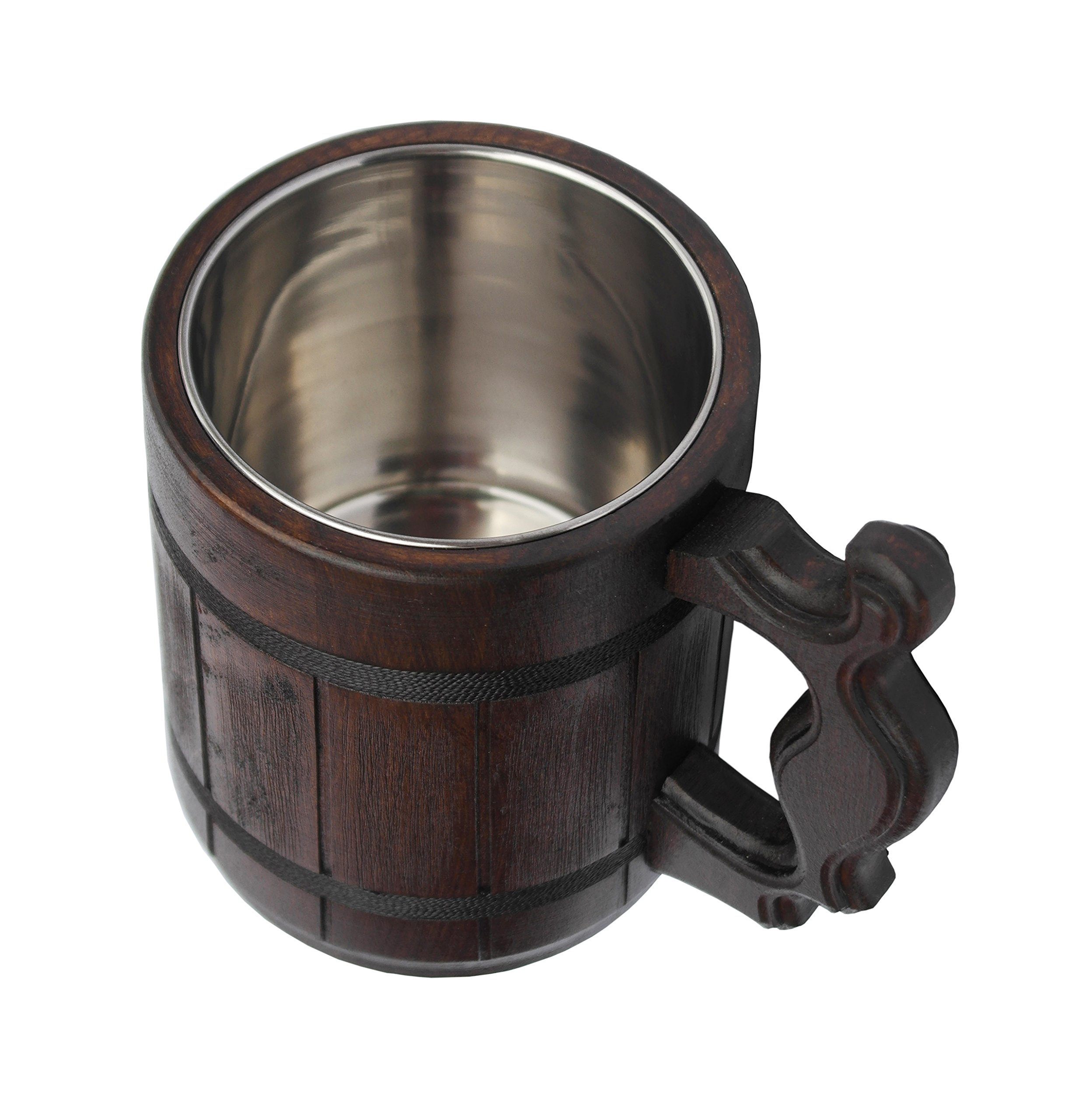 Etno Motif Handmade Wood Mug 20 oz Stainless Steel Cup Carved Natural Beer Stein Old-Fashioned Brown - Wood Carving Beer Mug of Wood Wooden Beer Tankard Capacity: 20oz (600ml) - Great Gift Idea