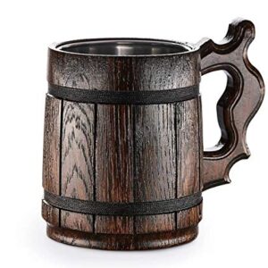 Etno Motif Handmade Wood Mug 20 oz Stainless Steel Cup Carved Natural Beer Stein Old-Fashioned Brown - Wood Carving Beer Mug of Wood Wooden Beer Tankard Capacity: 20oz (600ml) - Great Gift Idea