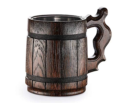 Etno Motif Handmade Wood Mug 20 oz Stainless Steel Cup Carved Natural Beer Stein Old-Fashioned Brown - Wood Carving Beer Mug of Wood Wooden Beer Tankard Capacity: 20oz (600ml) - Great Gift Idea