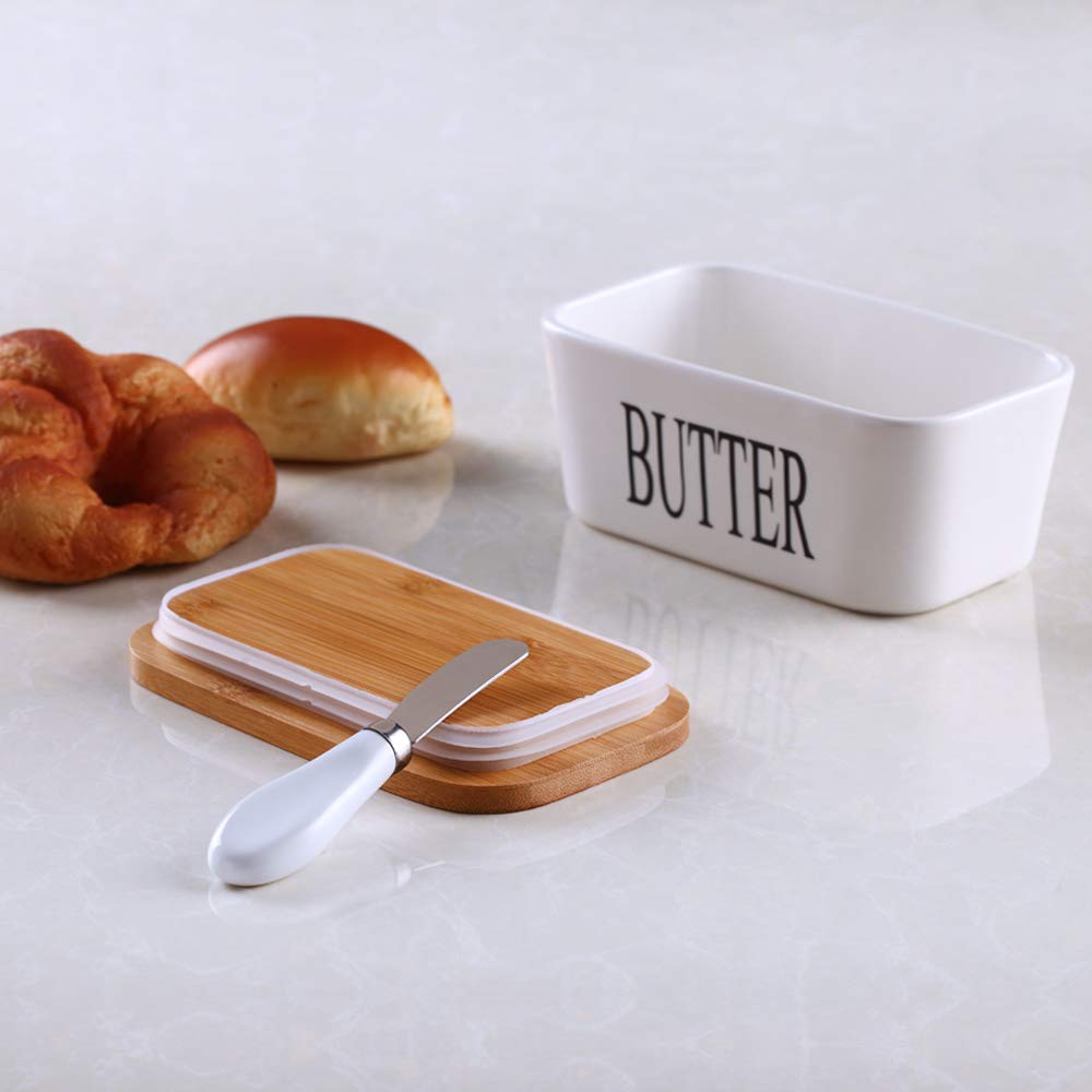 Lxmons Ceramic Butter Dish with Wooden Lid, Large Butter Container Keeper Storage with Stainless Steel Butter Knife Spreader, Bamboo Cover and Silicone Sealing Ring for West East Coast Butter, White