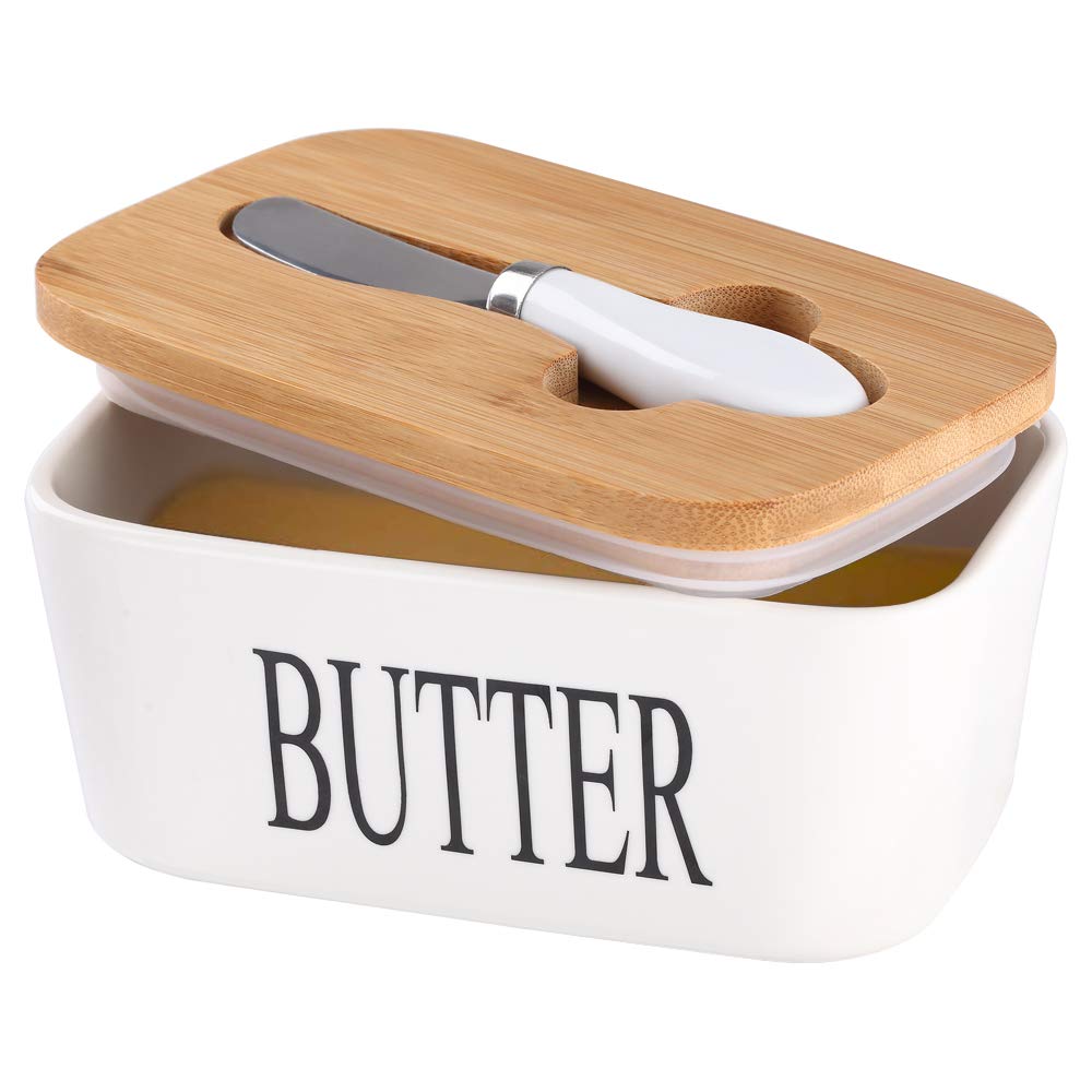 Lxmons Ceramic Butter Dish with Wooden Lid, Large Butter Container Keeper Storage with Stainless Steel Butter Knife Spreader, Bamboo Cover and Silicone Sealing Ring for West East Coast Butter, White