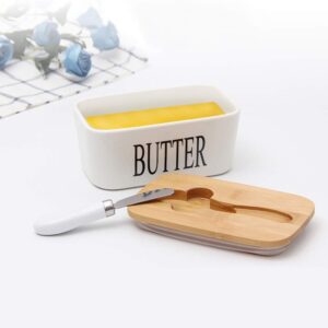 Lxmons Ceramic Butter Dish with Wooden Lid, Large Butter Container Keeper Storage with Stainless Steel Butter Knife Spreader, Bamboo Cover and Silicone Sealing Ring for West East Coast Butter, White