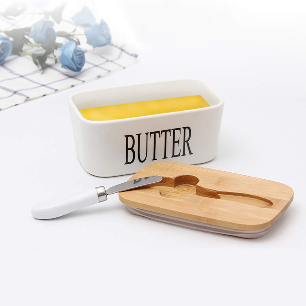 Lxmons Ceramic Butter Dish with Wooden Lid, Large Butter Container Keeper Storage with Stainless Steel Butter Knife Spreader, Bamboo Cover and Silicone Sealing Ring for West East Coast Butter, White