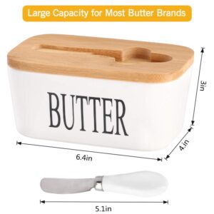 Lxmons Ceramic Butter Dish with Wooden Lid, Large Butter Container Keeper Storage with Stainless Steel Butter Knife Spreader, Bamboo Cover and Silicone Sealing Ring for West East Coast Butter, White