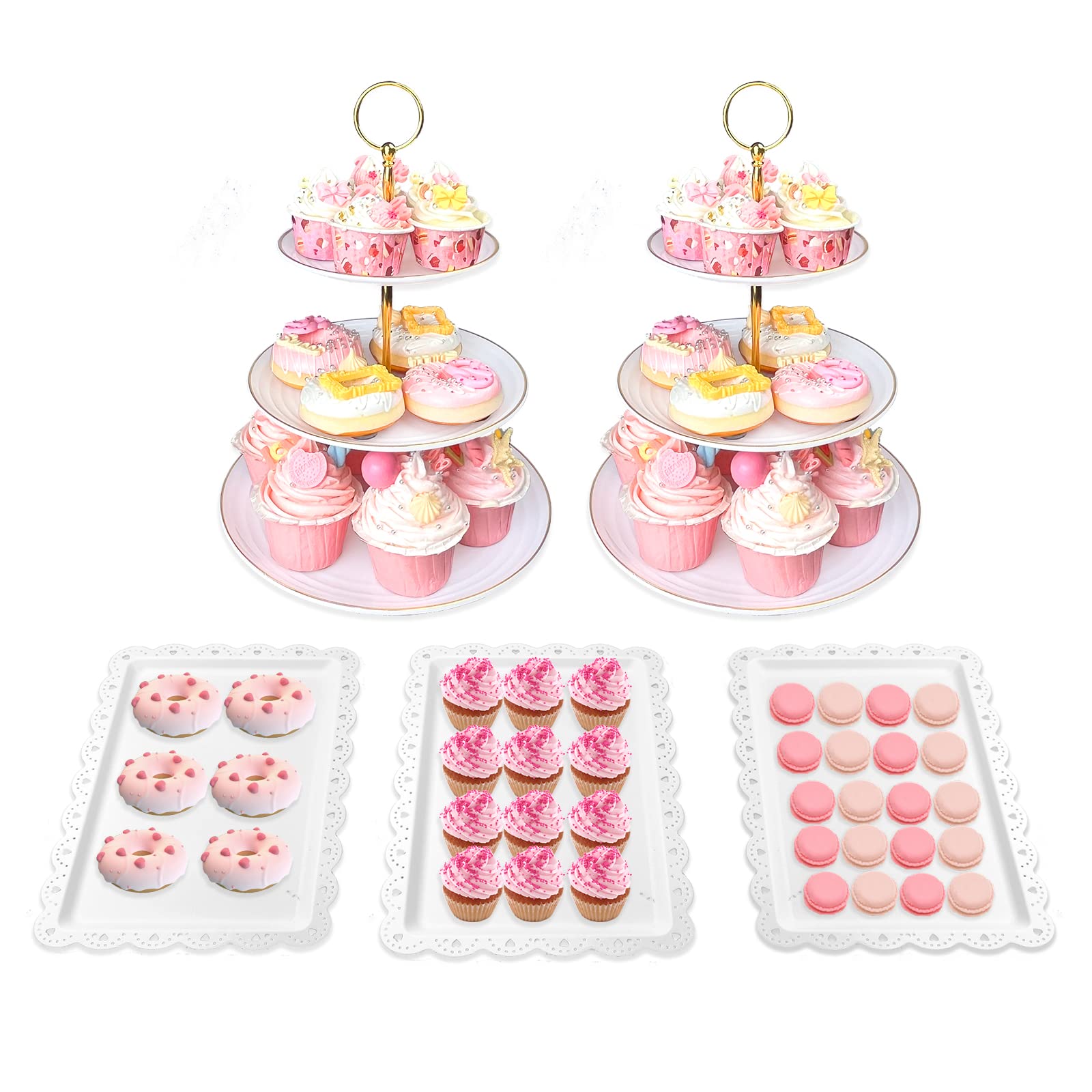 Cake Stand Set-5 Pcs Cupcake Stand Set-Dessert Table Display Set with 2xlarge 3-Tier Cupcake Stands + 3X Appetizer Trays Perfect for Wedding Baby Shower Home Birthday Tea Party Decoration(Round)