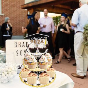 Set of 2 Graduation Cupcake Stand for 50 Cupcakes Black Gold Graduation Cap Decorations Cardboard Cake Dessert Holder Tower for Class of 2024 Congrats Grad Party Supplies