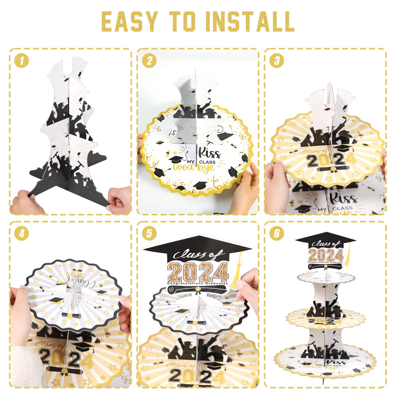 Set of 2 Graduation Cupcake Stand for 50 Cupcakes Black Gold Graduation Cap Decorations Cardboard Cake Dessert Holder Tower for Class of 2024 Congrats Grad Party Supplies