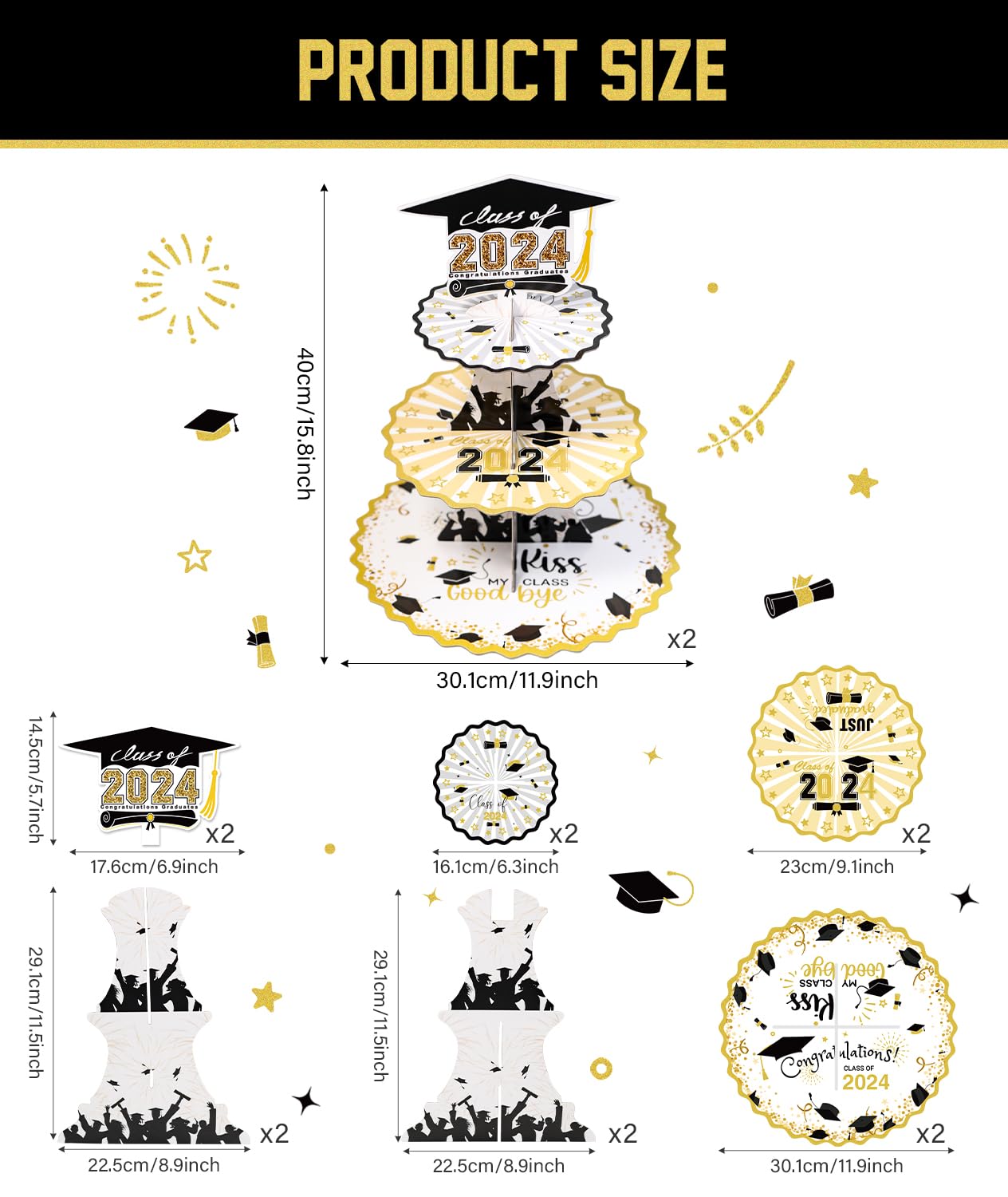 Set of 2 Graduation Cupcake Stand for 50 Cupcakes Black Gold Graduation Cap Decorations Cardboard Cake Dessert Holder Tower for Class of 2024 Congrats Grad Party Supplies