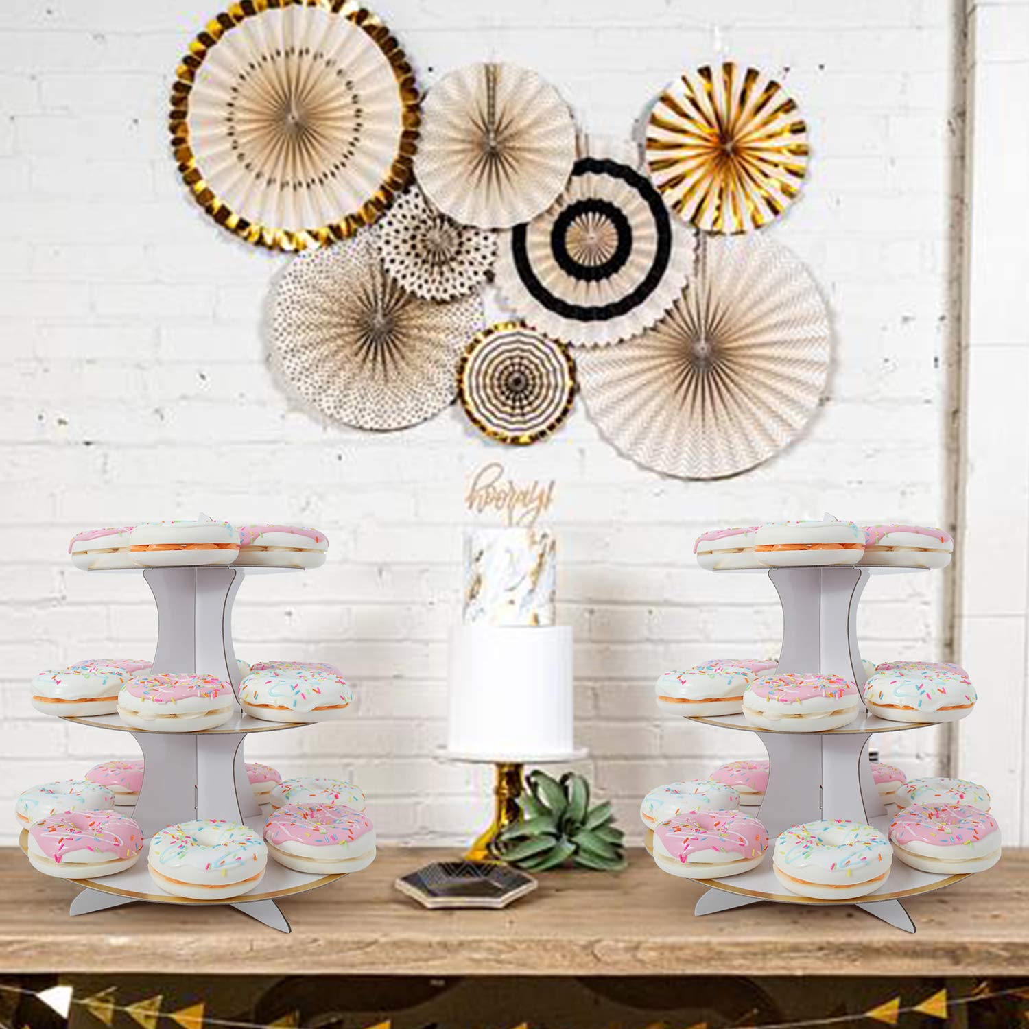 2 Set White and Gold 3-Tier Round Cardboard Cupcake Stand for 24 Cupcakes Perfect for Oh Baby Bridal Shower Birthday Party Supplies (White)