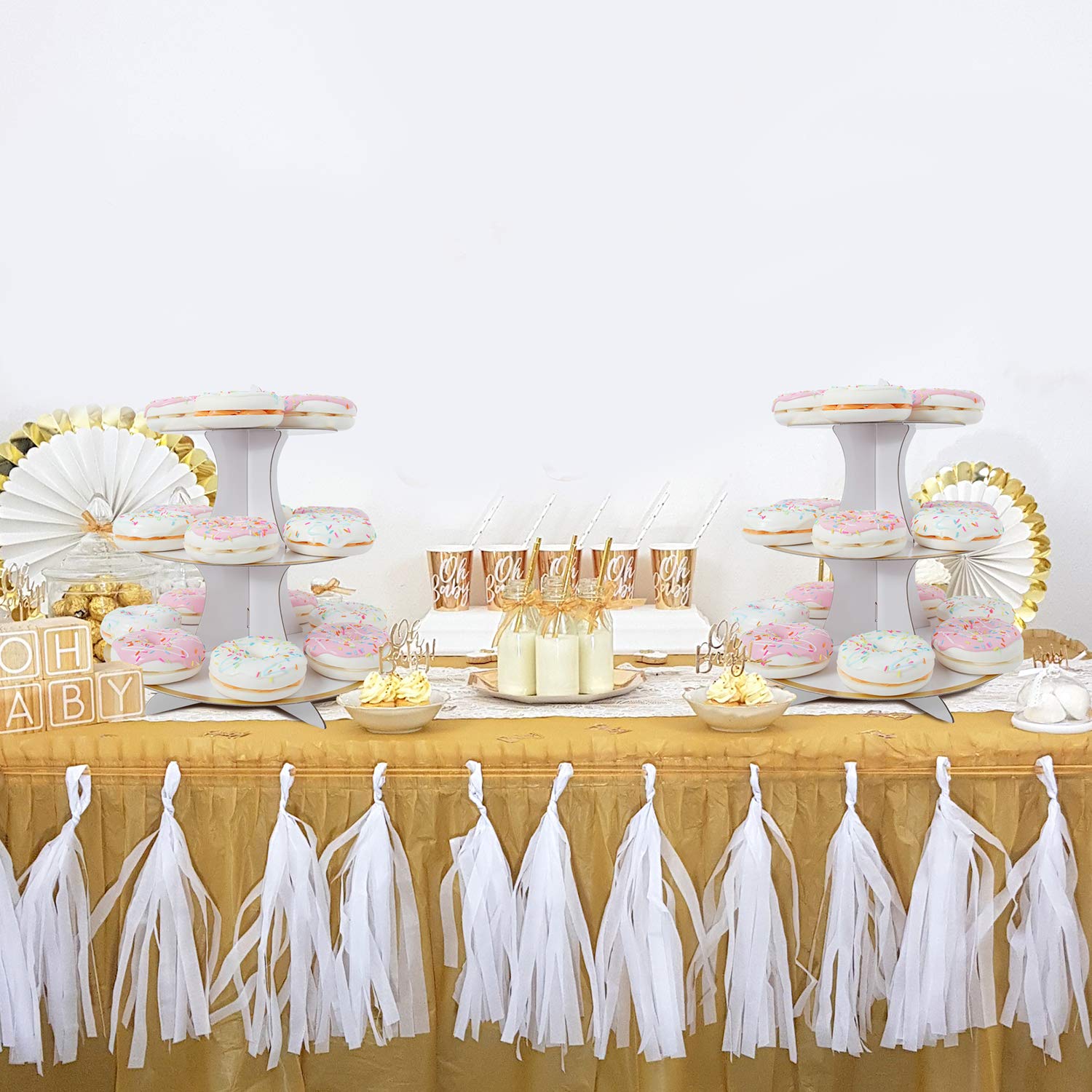 2 Set White and Gold 3-Tier Round Cardboard Cupcake Stand for 24 Cupcakes Perfect for Oh Baby Bridal Shower Birthday Party Supplies (White)