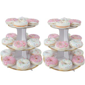 2 Set White and Gold 3-Tier Round Cardboard Cupcake Stand for 24 Cupcakes Perfect for Oh Baby Bridal Shower Birthday Party Supplies (White)