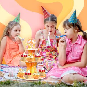 Nuenen 3 Tier Groovy Hippie Cupcake Stand Party Decorations Retro Hippie Boho Cupcake Holder Daisy Flower Groovy Rainbow Dessert Tower for Teens Adults Groovy Hippie Theme Birthday Party (Groovy)