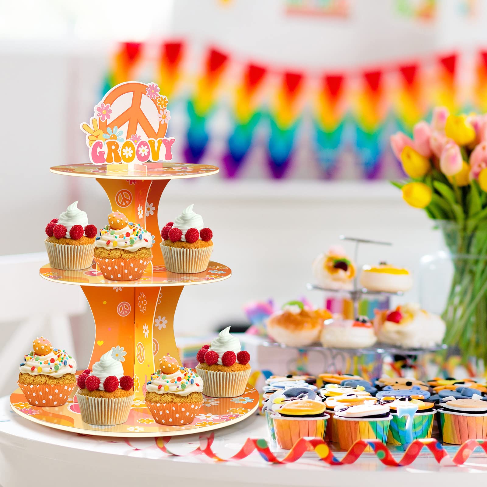 Nuenen 3 Tier Groovy Hippie Cupcake Stand Party Decorations Retro Hippie Boho Cupcake Holder Daisy Flower Groovy Rainbow Dessert Tower for Teens Adults Groovy Hippie Theme Birthday Party (Groovy)