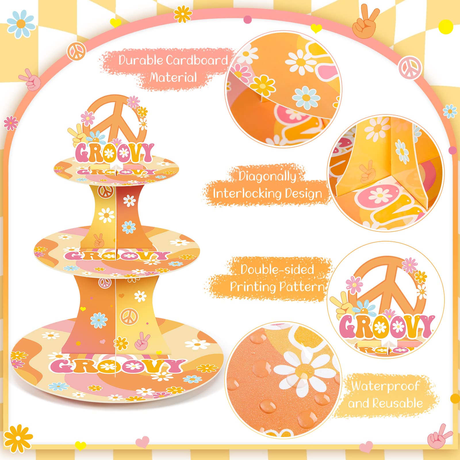 Nuenen 3 Tier Groovy Hippie Cupcake Stand Party Decorations Retro Hippie Boho Cupcake Holder Daisy Flower Groovy Rainbow Dessert Tower for Teens Adults Groovy Hippie Theme Birthday Party (Groovy)