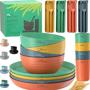 dinethics wheat straw dinnerware sets for 4 (36pc) unbreakable n microwave safe - plates and bowls camping cups set rv dishes for